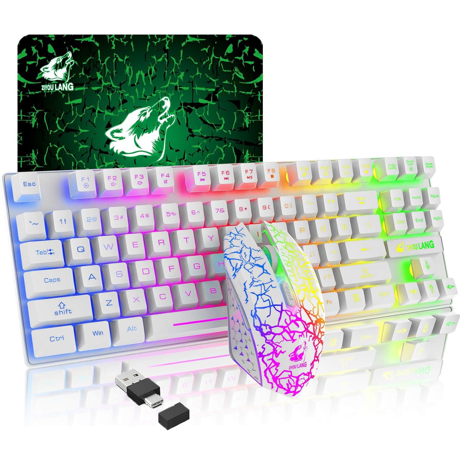 LexonElec Wireless RGB Backlit Gaming Keyboard Mouse Combo,Rechargeable 3800mAh Battery, 87-Key Mechanical Feel Keyboard, Quiet Mouse and Mouse Pad for Gamers and Office Typists(White)