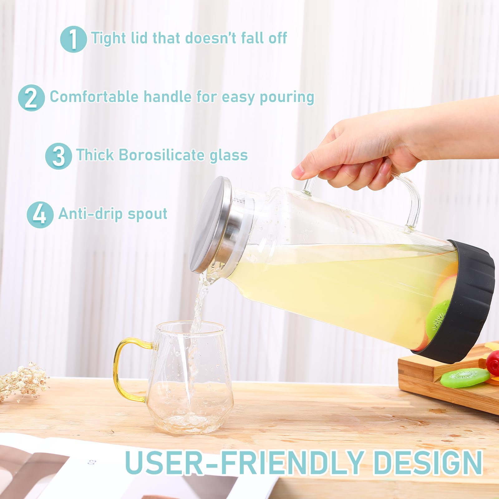 Hsei 2 Liters Glass Pitcher with Lid Water Pitcher for Fridge Water Carafe with Handle for Hot/cold Beverages Heat Resistant Glass Jug for Drink Juice Iced Tea Summer(68 oz,Black Coaster)