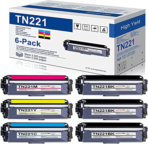 6-Pack (3BK+1C+1M+1Y) TN221 TN-221 Toner Cartridge Compatible Replacement for Brother HL-3140CW HL-3180CDW HL-3170CDW MFC-9130CW MFC-9340CDW MFC-9330CDW Color Printer