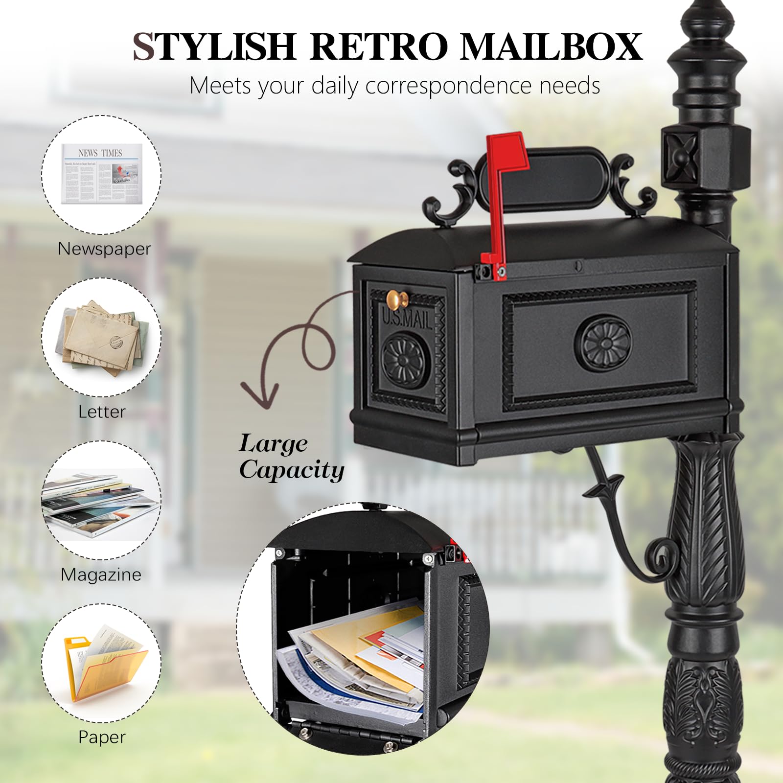 Heavy Duty Mailbox Classic Decorative Cast Aluminum Mail Box Postal Vertical Pedestal (Black)