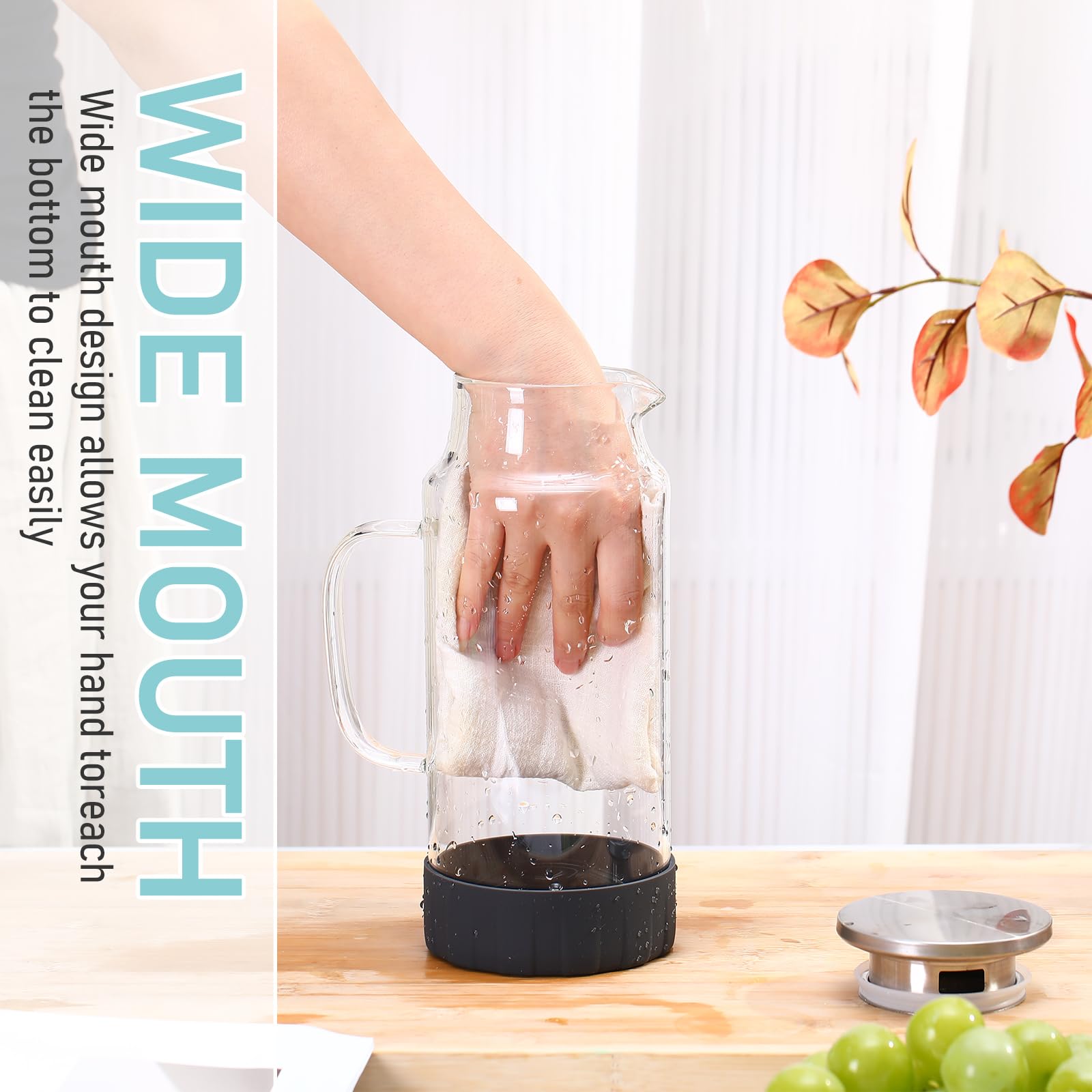 Hsei 2 Liters Glass Pitcher with Lid Water Pitcher for Fridge Water Carafe with Handle for Hot/cold Beverages Heat Resistant Glass Jug for Drink Juice Iced Tea Summer(68 oz,Black Coaster)