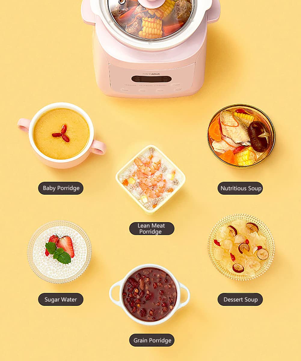 TIANJI Electric Stew Pot for Baby, Ceramic Slow Cooker for Congee & Soup with Growth Stage, 1.3L, Pink