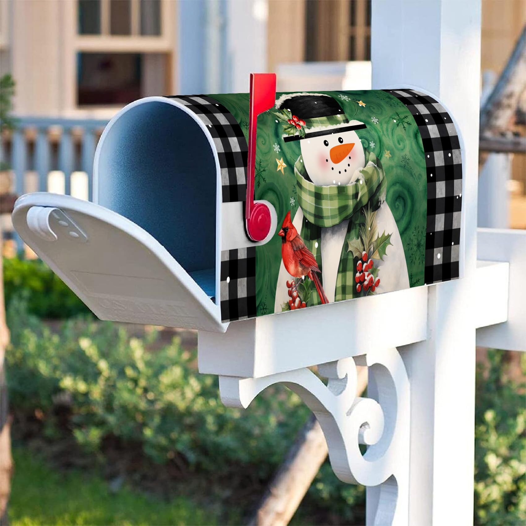Texupday Winter Snowman With Cardinal Buffalo Check Plaid Decoration Mailbox Cover With Magnetic Strip Holiday Mailbox Wraps Post Letter Box Cover Standard Size 21" X 18" for Garden Outdoor Yard Decor
