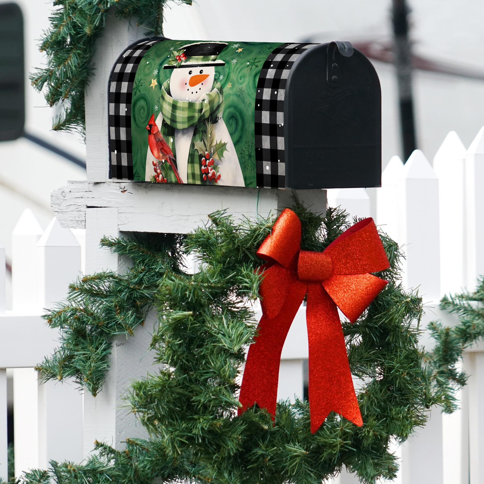 Texupday Winter Snowman With Cardinal Buffalo Check Plaid Decoration Mailbox Cover With Magnetic Strip Holiday Mailbox Wraps Post Letter Box Cover Standard Size 21" X 18" for Garden Outdoor Yard Decor