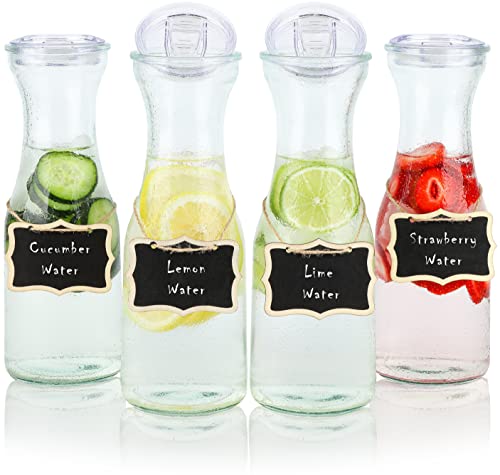 AYL Set of 2 Glass Carafe with Lids, 32 Oz Water Pitcher Beverage Serveware Carafe, Clear Glass Pitcher for Mimosa Bar, Cold Water, Brunch, Wine, Juice, Milk, Iced Tea, Lemonade,1 Hand Pour Lid