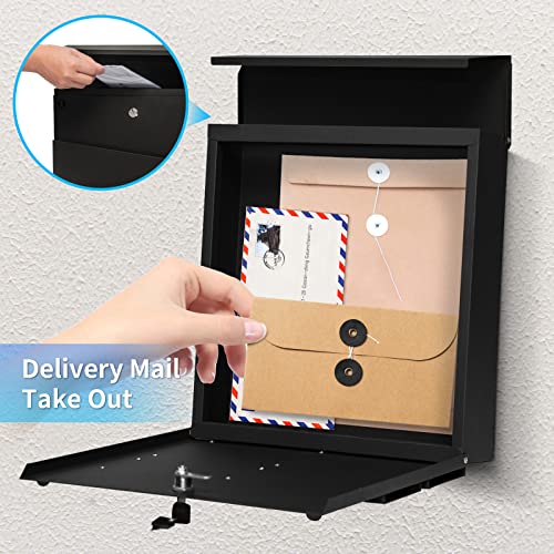 xhlokk Wall Mount Mailboxes, Modern Locking Wall Mailbox for Outside, Galvanized Steel and Aluminum Metal Mail Boxes for House with Key Lock Large Capacity, Matte Black