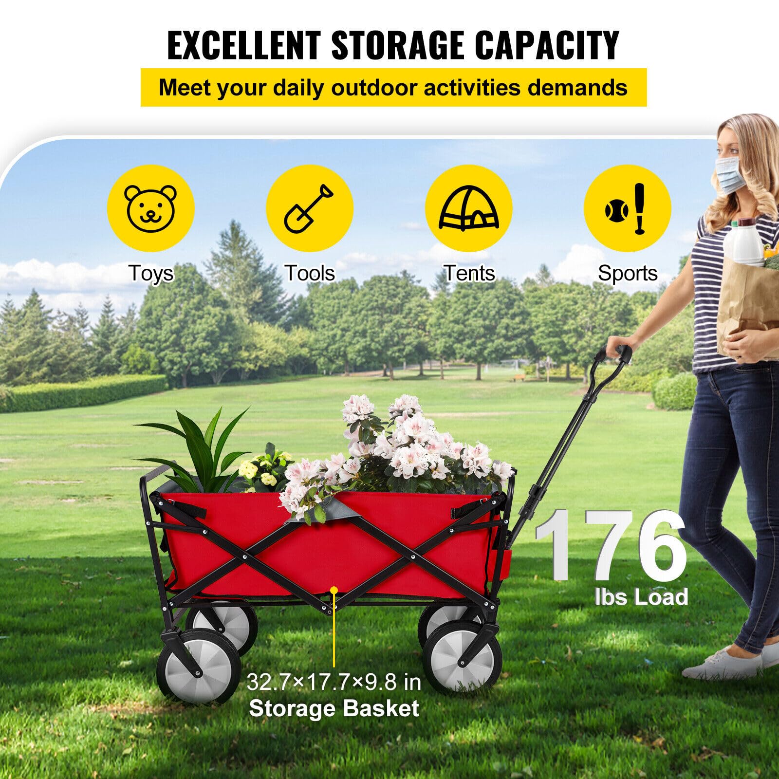 Folding Wagon Cart Heavy Duty Utility Collapsible 176 lb Garden Cart Large Storage Space Adjustable Handle Flexible All-Terrain Movement