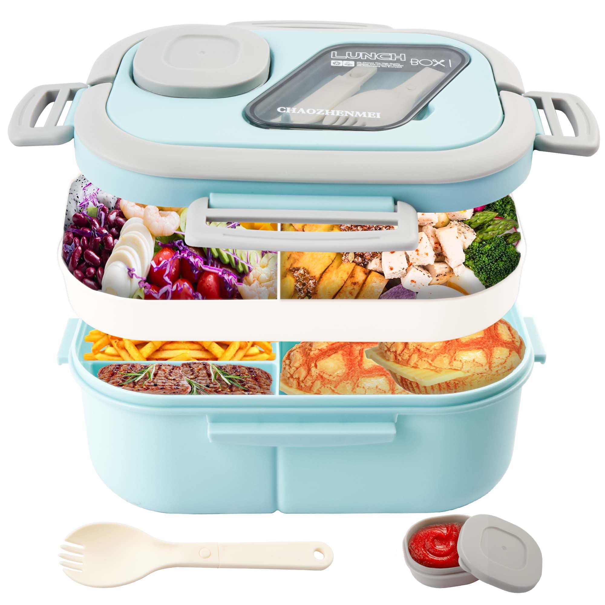 Tinaforld Adults Bento Lunch Box,Salad Container Large 43oz Salad Bowl, Bento-Style Tray for Toppings, 3oz Sauce Container for Dressings, and Built-In Reusable Fork (Blue)