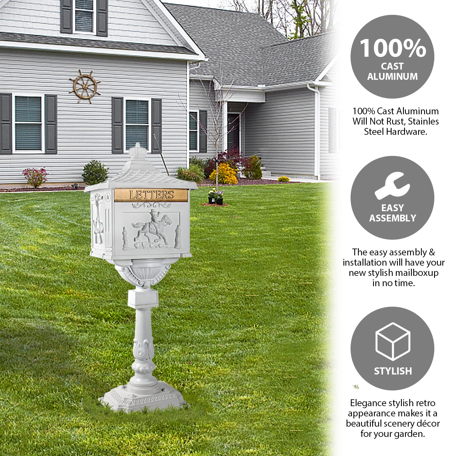 Polar Aurora Mailbox Cast Aluminum White Mail Box Postal Box Security Heavy Duty New