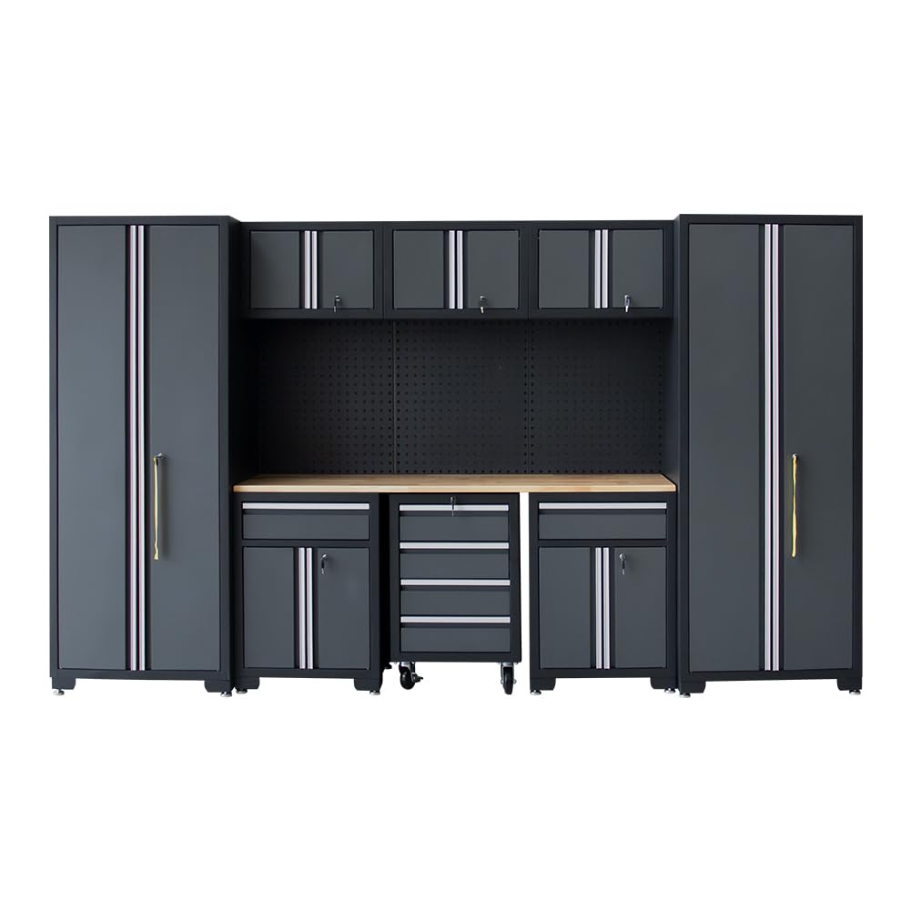 4utoHydra 9-Piece Workshop Cabinet Set w/Pegboard in Grey with Workbench - Perfect for Organizing Tools - Included Steel Cabinets Drawers Shelving Rolling Chest New