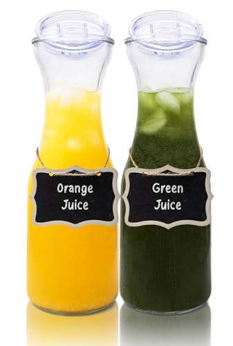 AYL Set of 2 Glass Carafe with Lids, 32 Oz Water Pitcher Beverage Serveware Carafe, Clear Glass Pitcher for Mimosa Bar, Cold Water, Brunch, Wine, Juice, Milk, Iced Tea, Lemonade,1 Hand Pour Lid
