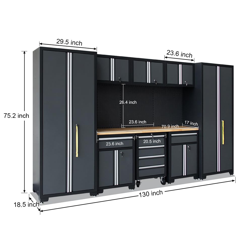 4utoHydra 9-Piece Workshop Cabinet Set w/Pegboard in Grey with Workbench - Perfect for Organizing Tools - Included Steel Cabinets Drawers Shelving Rolling Chest New