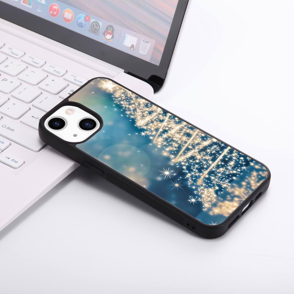 JOYLAND Christmas New Year Phone Case for iPhone 14 Pro,Christmas Tree Girly Protective Case Black Soft Silicone&Aluminum Hard Back Scratch Resistant Shockproof Cover for iPhone 14 Pro