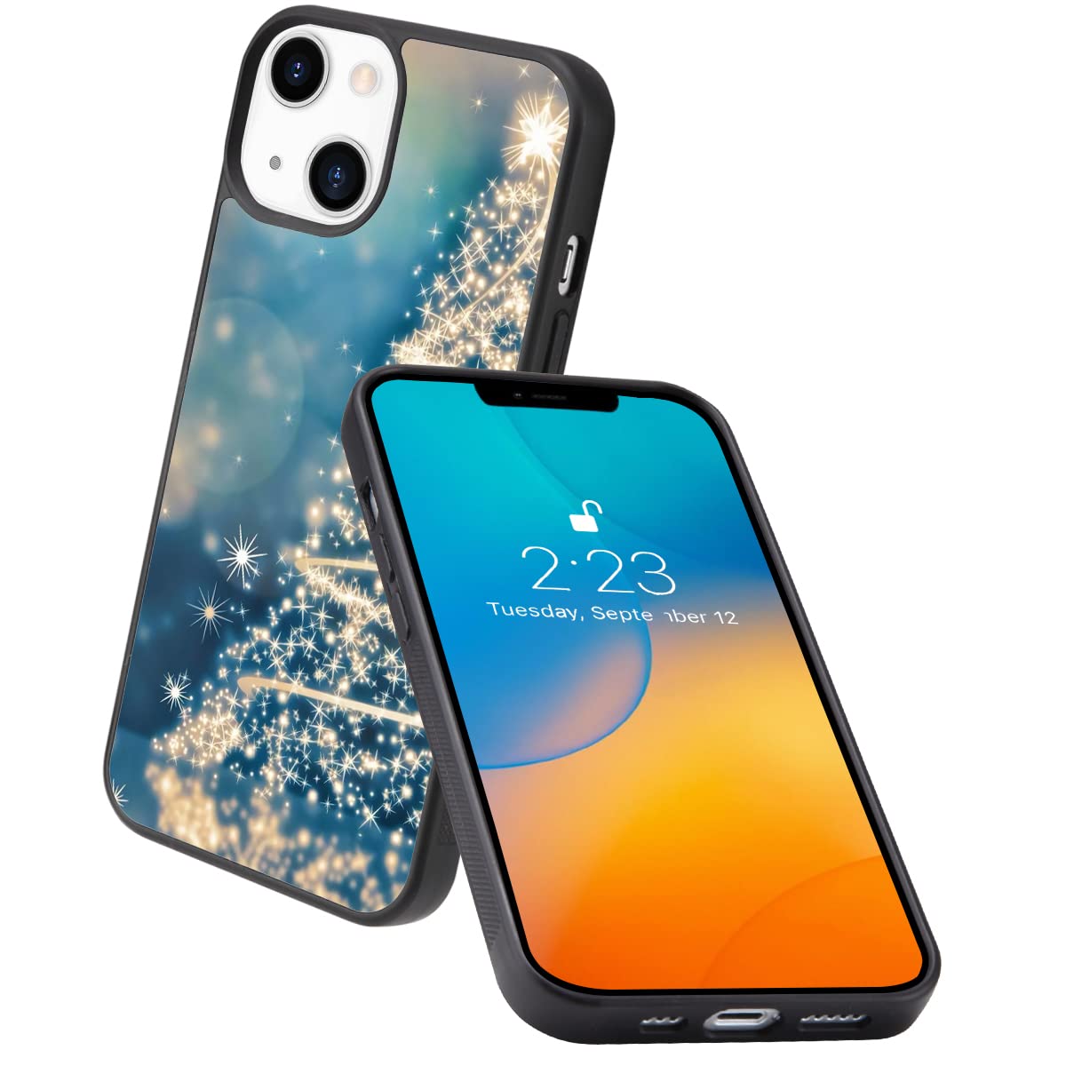 JOYLAND Christmas New Year Phone Case for iPhone 14 Pro,Christmas Tree Girly Protective Case Black Soft Silicone&Aluminum Hard Back Scratch Resistant Shockproof Cover for iPhone 14 Pro