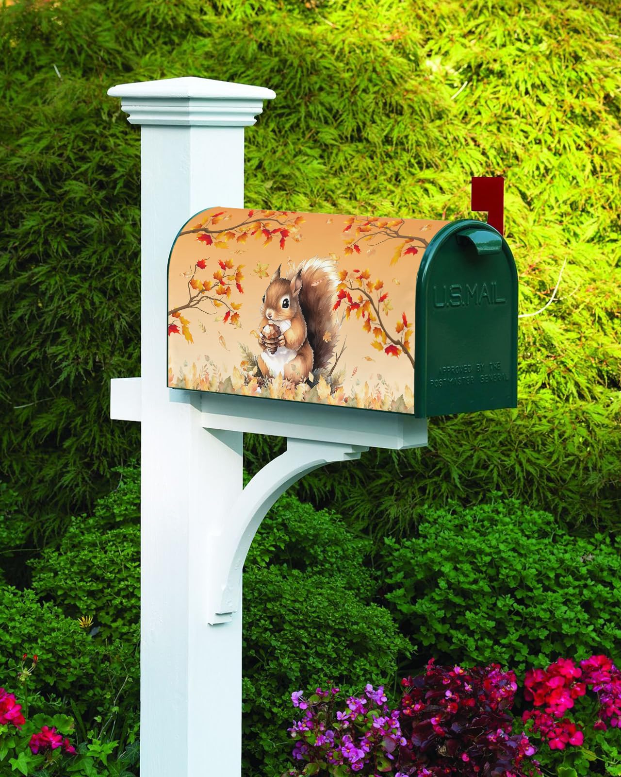 Fall Squirrels Magnetic Mailbox Covers Standard Size 18x21 Inch, Maple Leaves Autumn Mailbox Wraps Mailbox Post Cover Seasonal Fall Thanksgiving Holiday Mailbox Decor for Outside Garden Yard