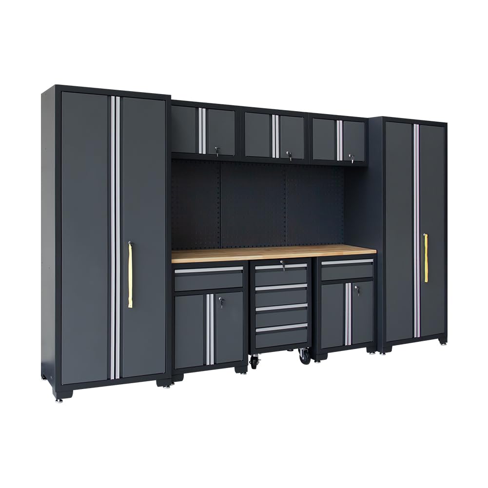 4utoHydra 9-Piece Workshop Cabinet Set w/Pegboard in Grey with Workbench - Perfect for Organizing Tools - Included Steel Cabinets Drawers Shelving Rolling Chest New