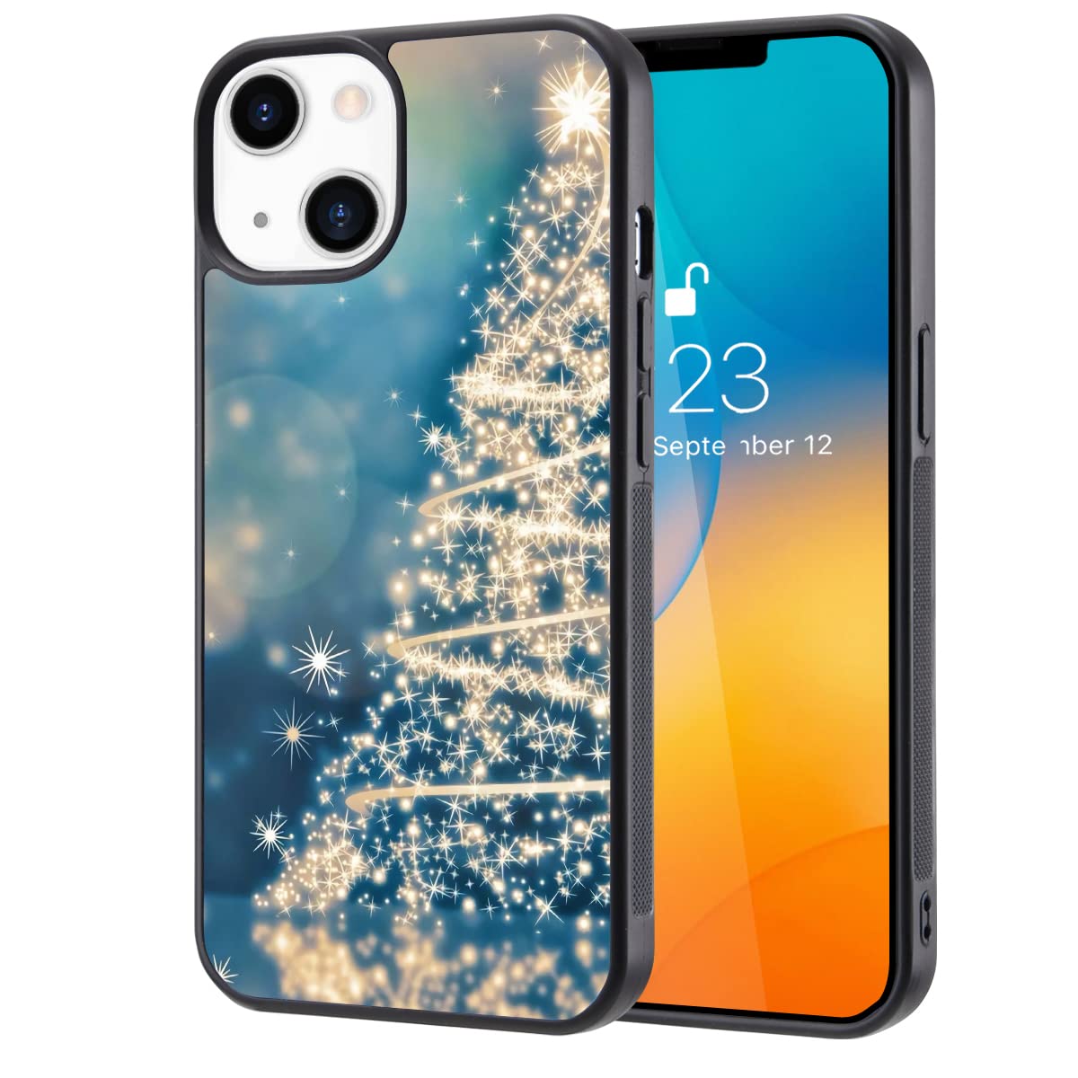 JOYLAND Christmas New Year Phone Case for iPhone 14 Pro,Christmas Tree Girly Protective Case Black Soft Silicone&Aluminum Hard Back Scratch Resistant Shockproof Cover for iPhone 14 Pro