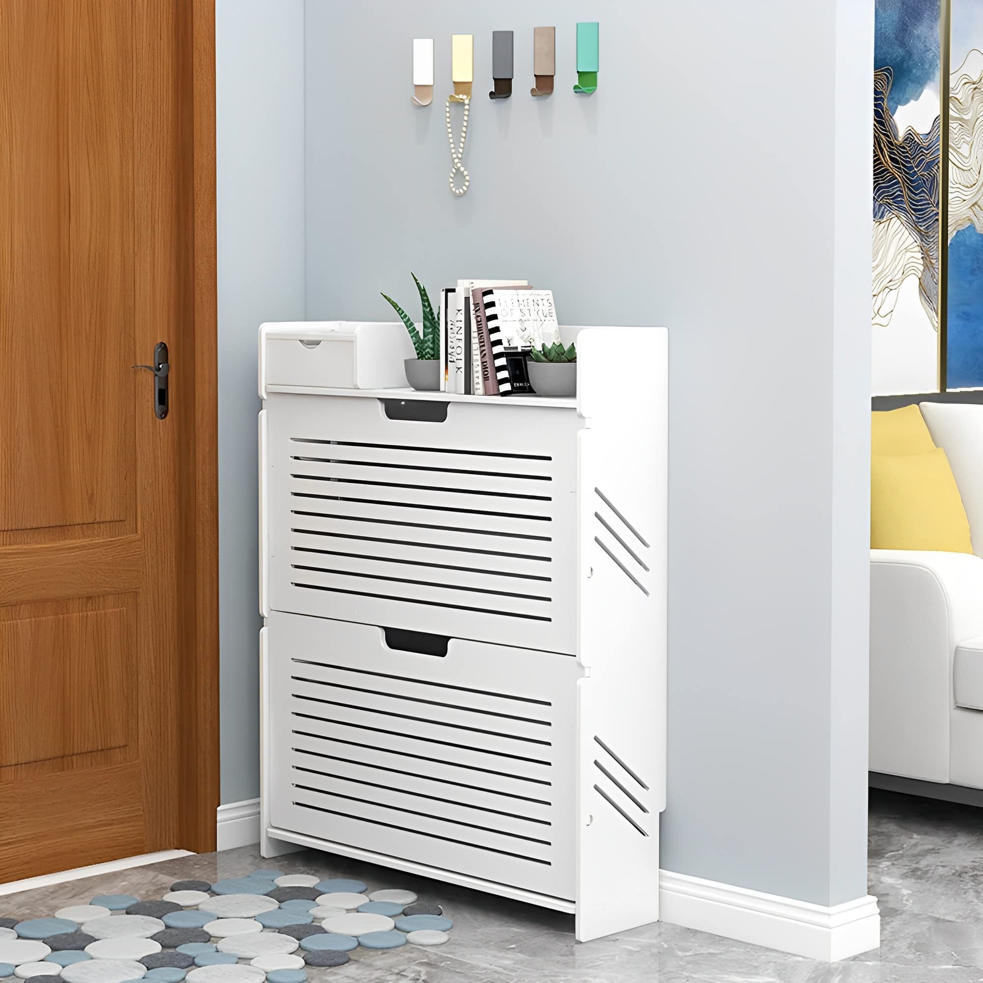 OIHYA White Tipping Shoe Cabinet，Shoe Storage Cabinet Freestanding Shoe Racks Cabinet Shoe Storage Organizer for Entrances Hallways Corridor (2 Tier)