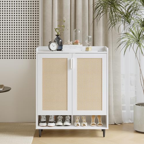 UpWiew Shoe Cabinet with Rattan Door, 5-Tier 31" Lx14 Wx38 H White