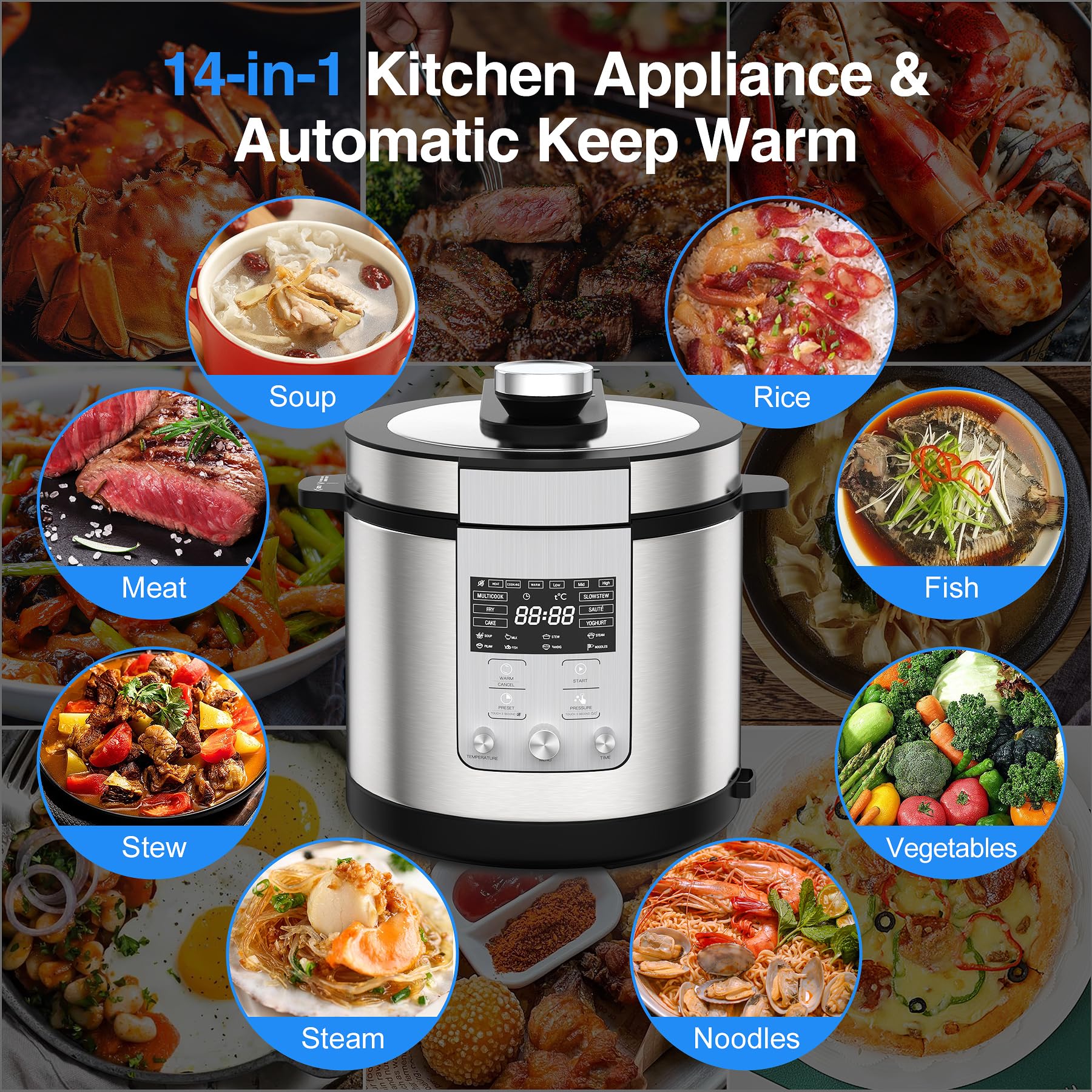 VBGK Electric Pressure Cooker 14-in-1,6.3Qt Pressure Cooker,Slow Cooker,Rice Cooker,Steamer,Yogurt Maker,Bake,Stock Pot,Steamer,Warmer & Sterilizer,Delay Timer,Automatic Pressure Release