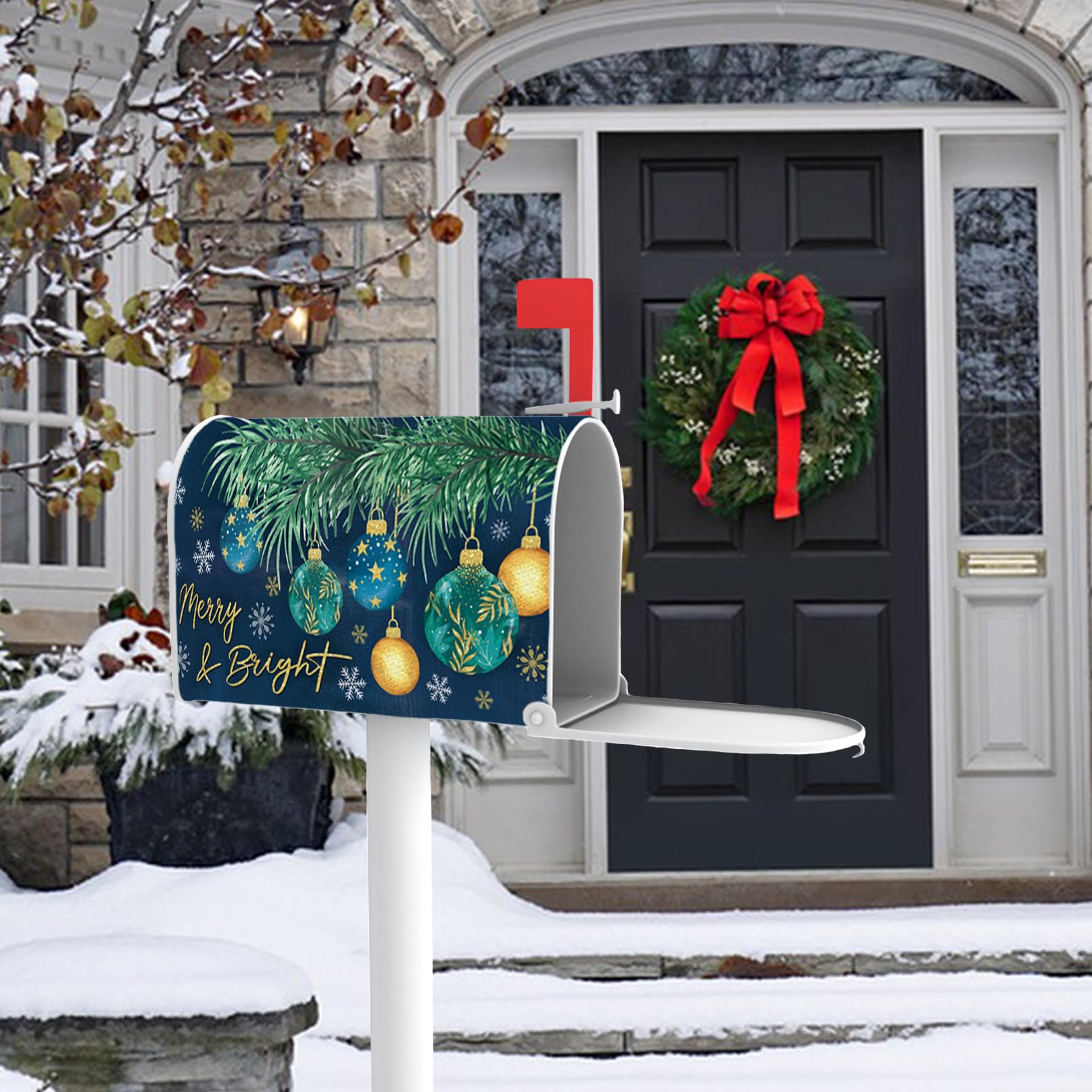 FBCOO Merry Christmas Tree Mailbox Cover Magnetic Standard Size 21"x19", Xmas Glitter Navy Blue Decorative Post Letter Box Decor, Snowflake Winter Holiday Garden Yard Outdoor Decoration