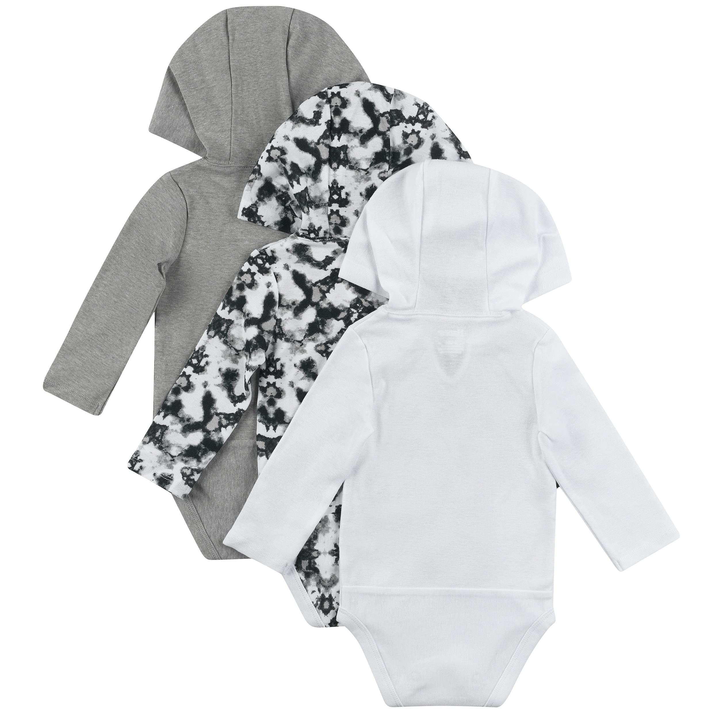 Hanes Unisex Baby Bodysuits, Ultimate Flexy Hoodie Long Sleeve Babies And Toddlers, 3-pack, Black/Grey/White, 12-18 Months US