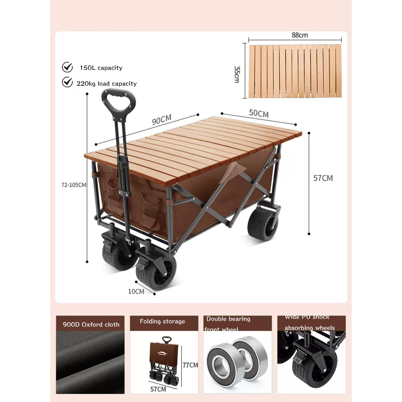 220kg Collapsible Wagon, Heavy Duty Utility Garden Cart, Foldable Wagon Stroller with Wide PU Shock Absorbing Wheels for Outdoor Beach Camp Grocery La