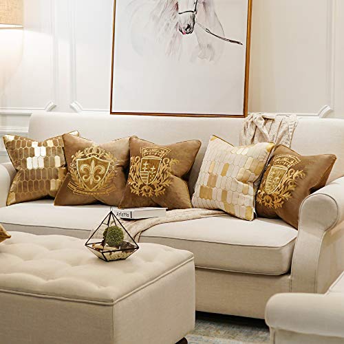 Avigers 20 x 20 Inch Embroidery Velvet Cushion Cover Shield Luxury European Pillow Case Pillowcase Home Decorative for Sofa Chair Bedroom Throw Pillow, Brown