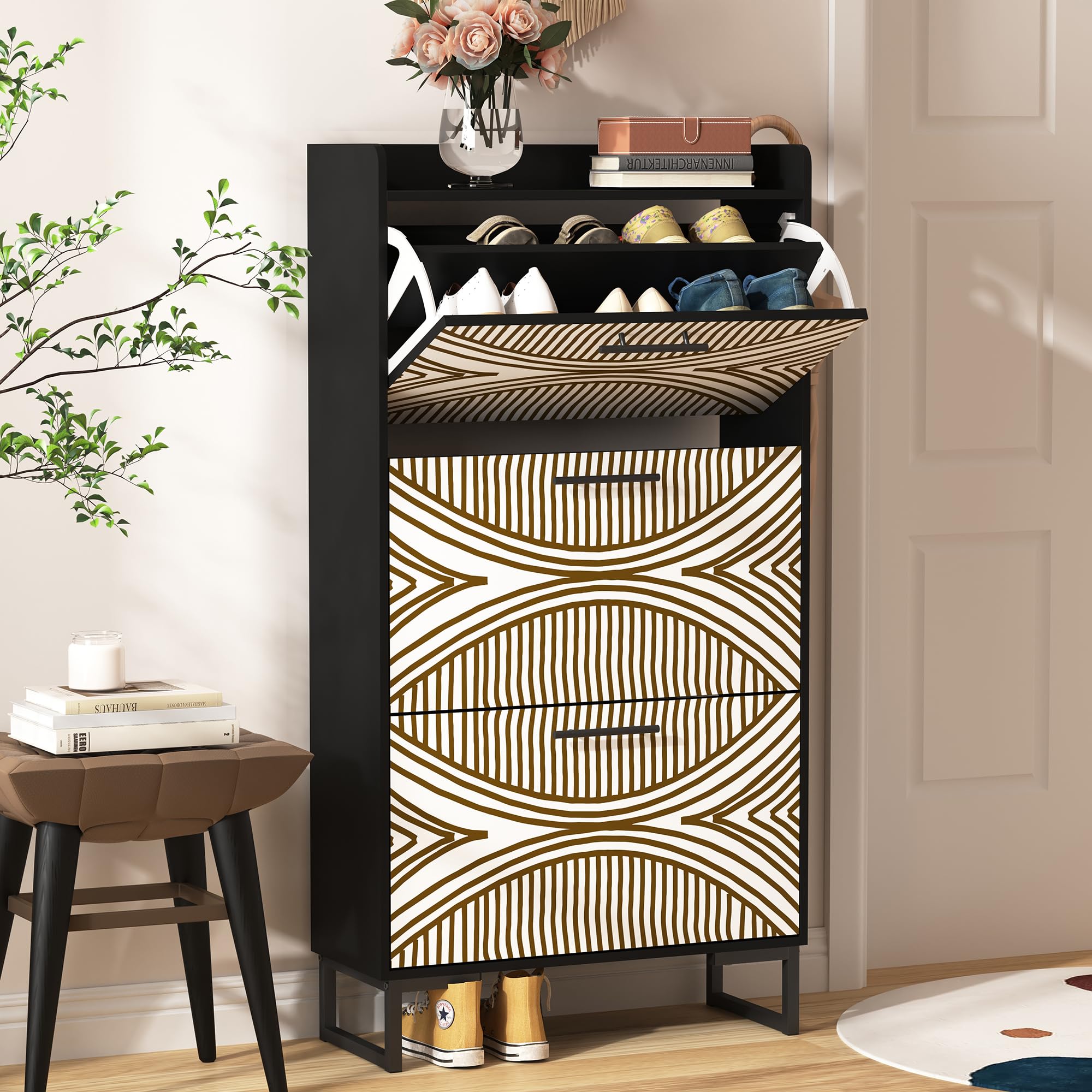 Vibe & Dine Shoe Cabinet with 3 Flip Drawers, Modern Shoe Storage Cabinet with Adjustable Shelves for Entryway Slim, FreeStanding Narrow Shoe Organizer Cabinet with Gold Metal Handle and Legs, Black