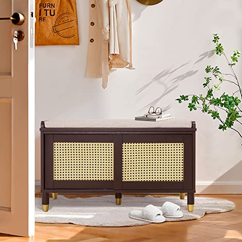 Anbuy Shoe Storage Bench for Entryway with Rattan Door, Rattan Shoe Rack Bench entryway Bench, Shoe Cabinet with Soft Cushion, Holds 300 lb, 31.5 x 13.78 x 19.1 inches (Red Brown)
