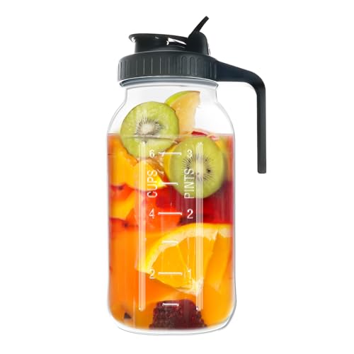 Glass Pitcher with Lid, 64 oz (2 Quart / 1.9 Liter) Glass Mason Jar Pitcher with Precise Scale, LineWide Mouth, Heavy Duty, Leak Proof for Hot/Cold Water Jug, Juice and Homemade Beverage