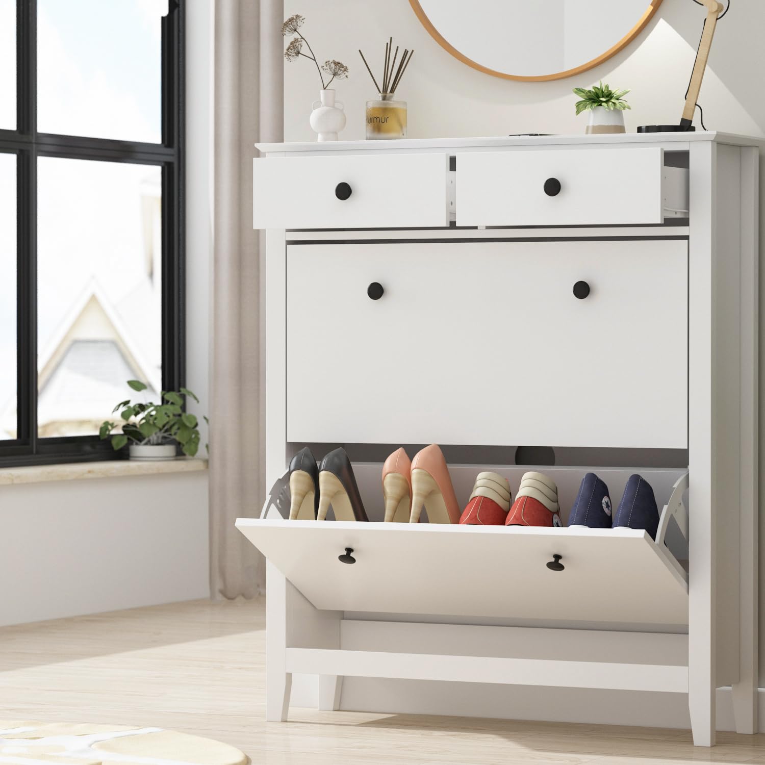 AIEGLE Shoe Cabinet for Entryway, Slim Shoe Organizer Cabinet with 2 Flip Drawers & 2 Small Drawers, Shoe Storage Cabinet with Tipping Bucket, White Type D (33.9" W x 8.9" D x 41.1" H)