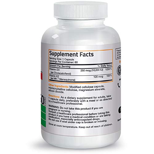 Bronson Vitamin K2 (MK7) with D3 Extra Strength Supplement Bone Health Non-GMO Formula 10,000 IU Vitamin D3 & 120 mcg Vitamin K2 MK-7 Easy to Swallow Vitamin D & K, 60 Capsules