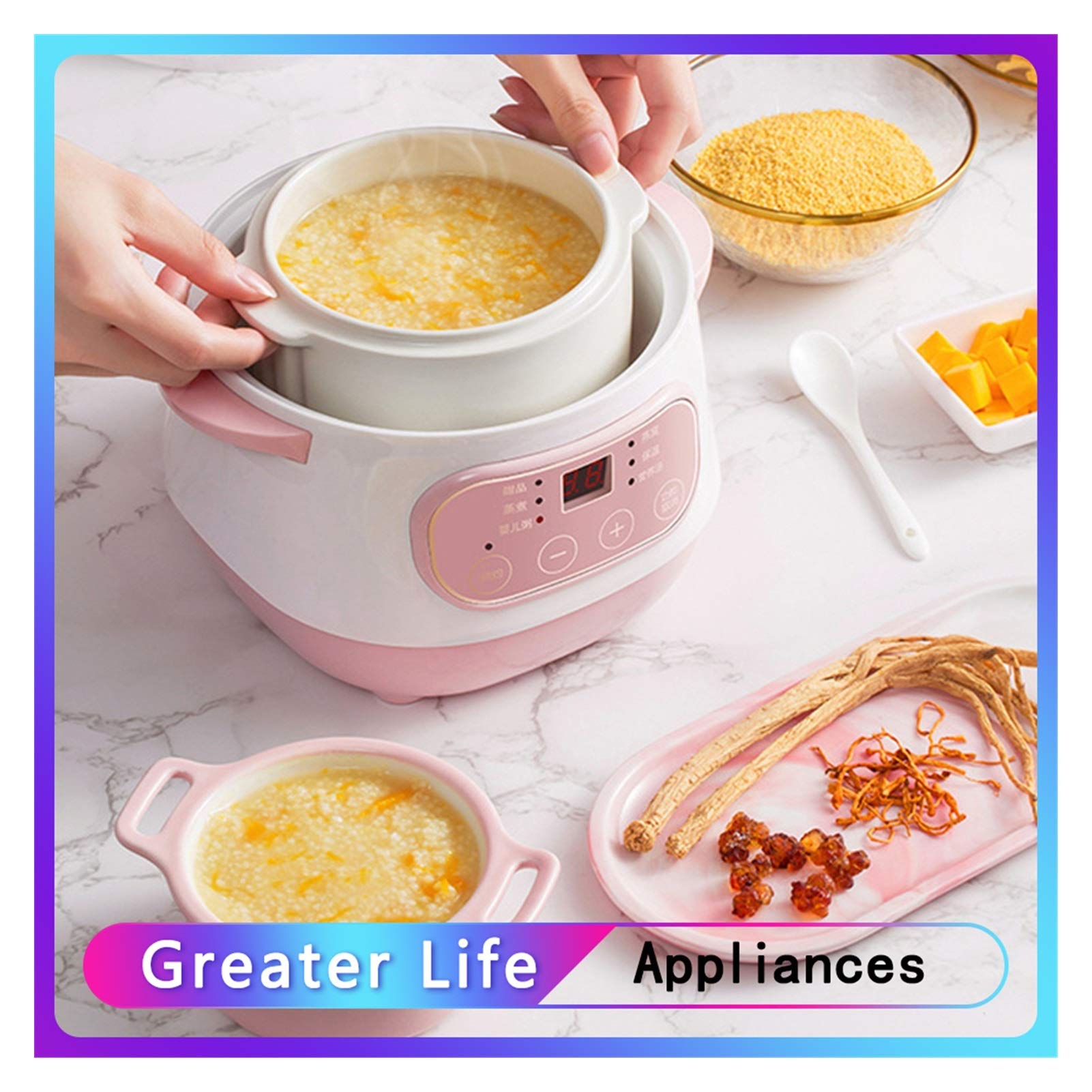 Intelligent Electric Slow Cooker Ceramics Water Stew Pot 200W Smart Reservation+Timing Electric Cooker Stew 1L Household (Color : Pink)