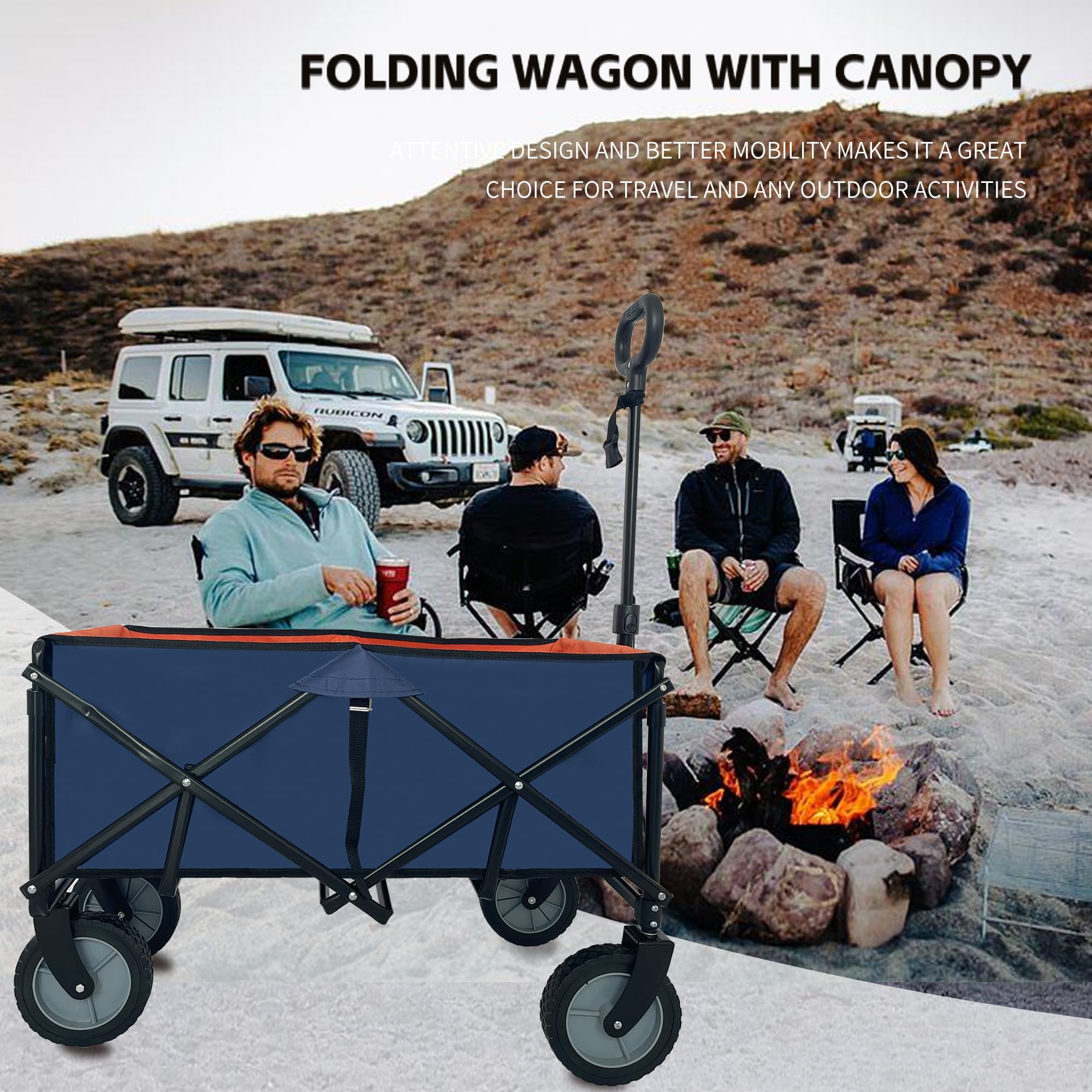 Collapsible Wagon Cart Utility Beach Cart,Big All-Terrain Wheels for Sand with Cargo Straps,Foldable Heavy Duty Beach Wagon for Outdoor Garden Camping Shopping (Antique Blue)