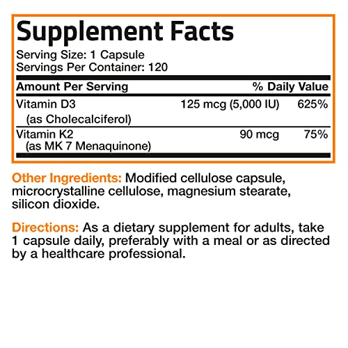 Bronson Vitamin K2 (MK7) with D3 Supplement Non-GMO Formula 5000 IU Vitamin D3 & 90 mcg Vitamin K2 MK-7 Easy to Swallow Vitamin D & K Complex, 120 Capsules