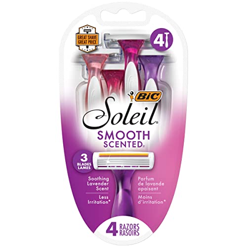 BIC Soleil Smooth Scent Womenâs Disposable Razor, 3 Blades with a Moisture Strip For a Silky Shave, Assorted, 4 Piece Razor Set (ST3WP41-ART)