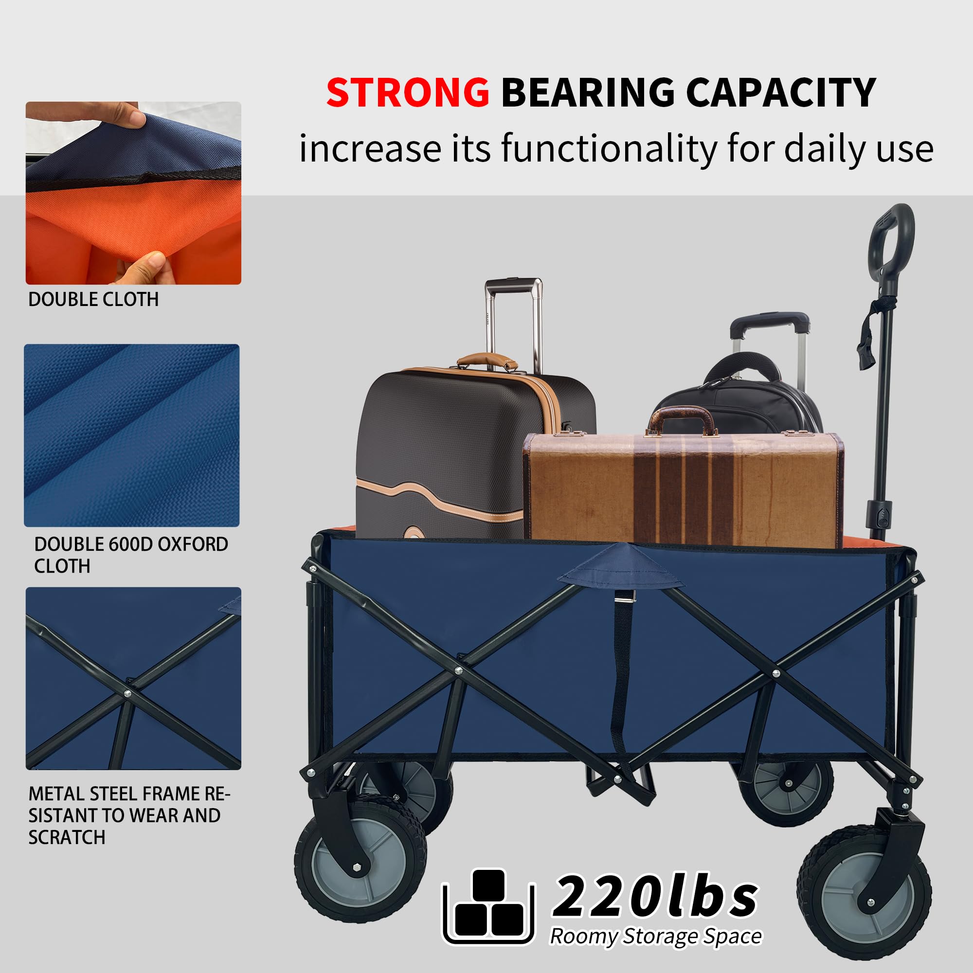 Collapsible Wagon Cart Utility Beach Cart,Big All-Terrain Wheels for Sand with Cargo Straps,Foldable Heavy Duty Beach Wagon for Outdoor Garden Camping Shopping (Antique Blue)