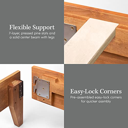 eLuxurySupply Wood Bed Frame – Made with 100% New Zealand Pine - Solid Mattress Platform Foundation w/Pressed Pine Slats - Easy Assembly – King (Almond)