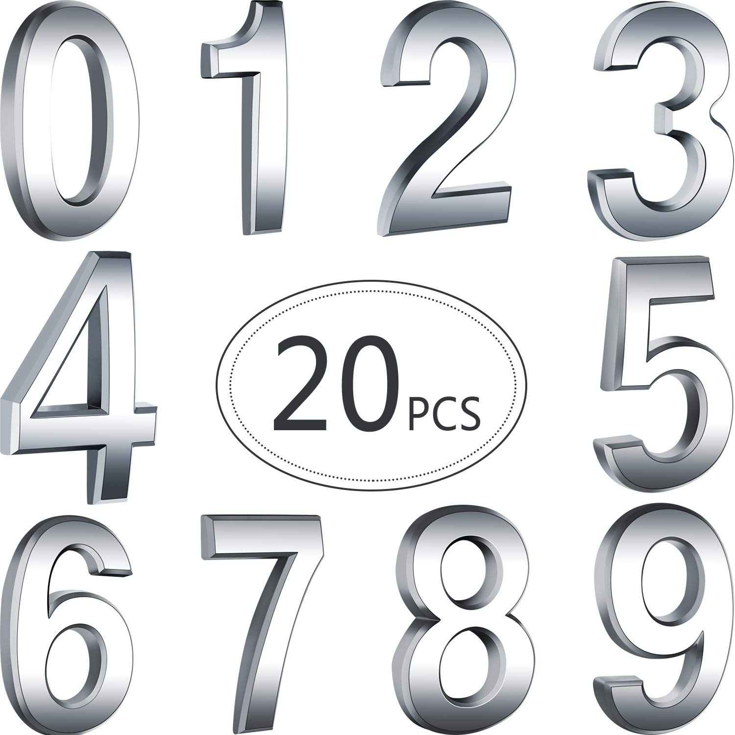 Hotop 20 Pieces House Numbers Mailbox Numbers 0-9, 3D Door Address Numbers Self Adhesive Mailbox Numbers Sticker or House, Apartment, Office, Hotel Room, Mailbox Signs (Silver, 2.76 inch)