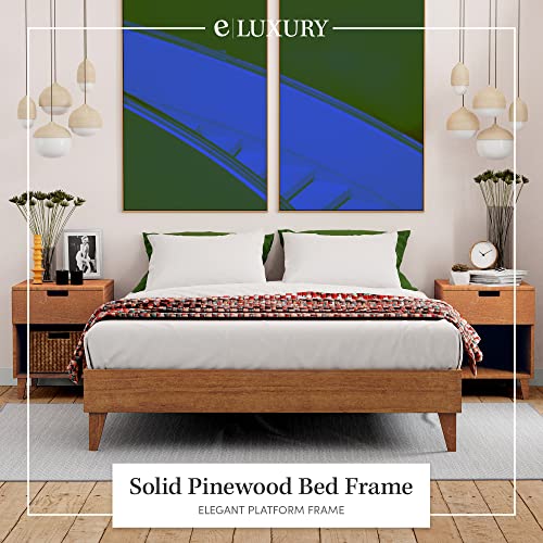 eLuxurySupply Wood Bed Frame – Made with 100% New Zealand Pine - Solid Mattress Platform Foundation w/Pressed Pine Slats - Easy Assembly – King (Almond)