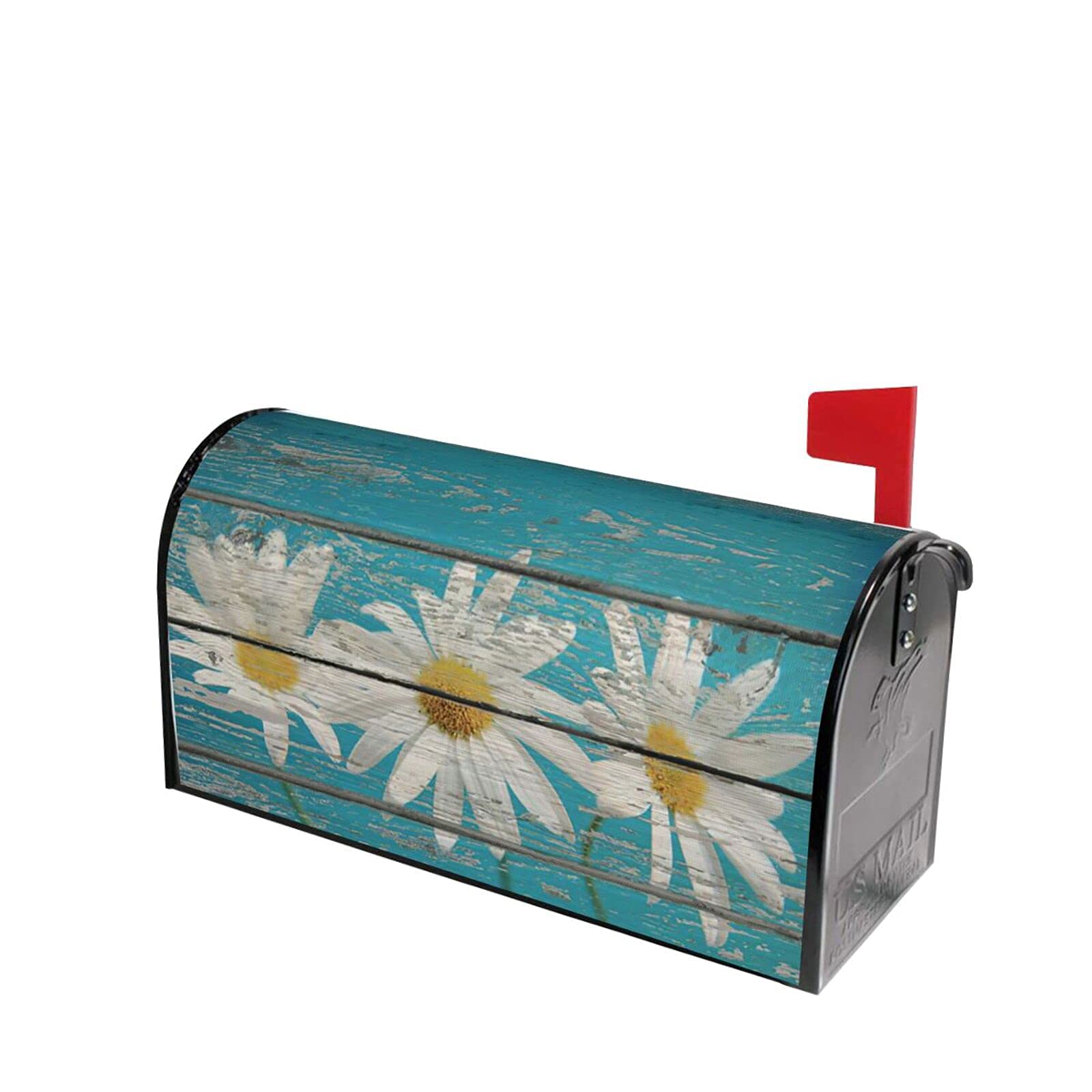 Rustic Spring Daisy Mailbox Covers Magnetic Standard Size 21x18 Inch Teal Old Wood Board Mailbox Decals Mailbox Wrap Post Letter Box Cover Mailbox Post Cover for Garden Yard Decor