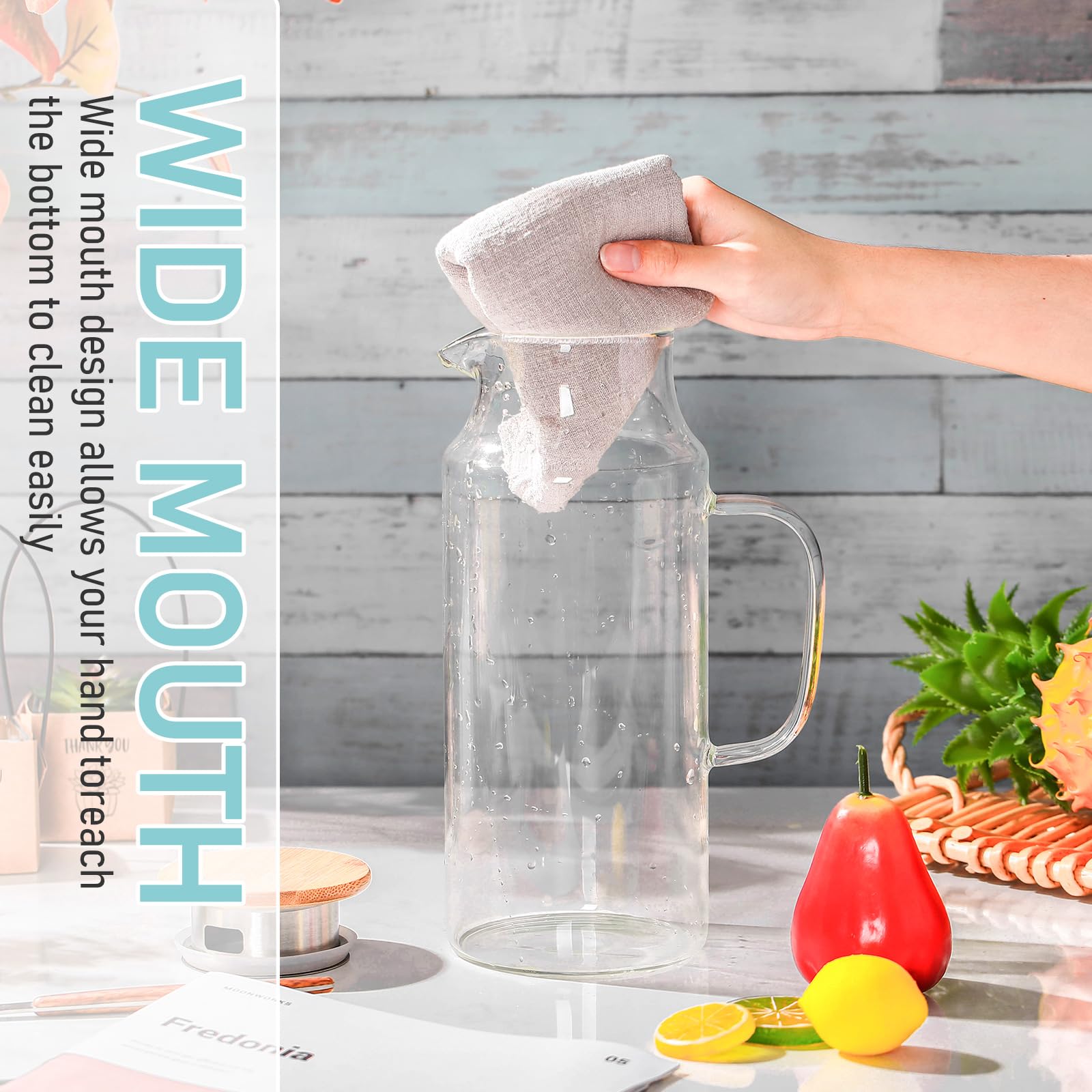 2 Pcs Glass Pitcher Water Pitcher with Lid Hot Cold Water Pitcher Bedside Water Carafe with Handle Heat Resistant Borosilicate Glass Jug for Fridge Beverage Carafe (68 oz,Stainless Steel, Bamboo)