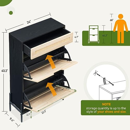 GAOMON Natural Rattan 2 Flip Door with 1 Drawer Shoe Rack Storage Cabinet, Shoe Cabinet Organizer Freestanding with 3-Tier Adjustable Shelves for Entryway, Entrance Hallway (2 Flip Doors, Black)