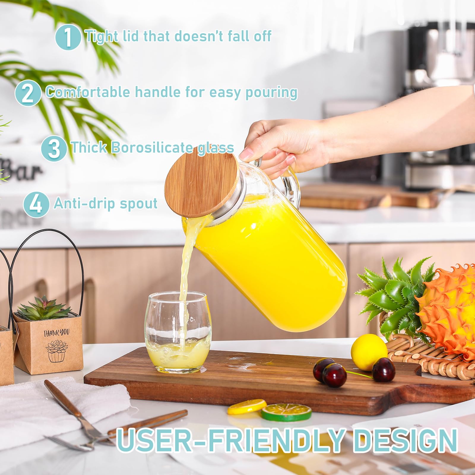 2 Pcs Glass Pitcher Water Pitcher with Lid Hot Cold Water Pitcher Bedside Water Carafe with Handle Heat Resistant Borosilicate Glass Jug for Fridge Beverage Carafe (68 oz,Stainless Steel, Bamboo)
