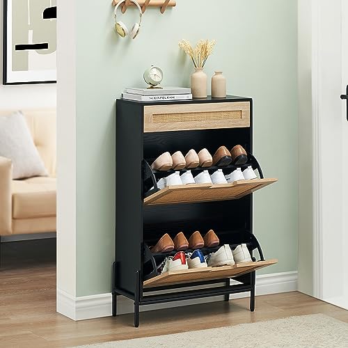 GAOMON Natural Rattan 2 Flip Door with 1 Drawer Shoe Rack Storage Cabinet, Shoe Cabinet Organizer Freestanding with 3-Tier Adjustable Shelves for Entryway, Entrance Hallway (2 Flip Doors, Black)