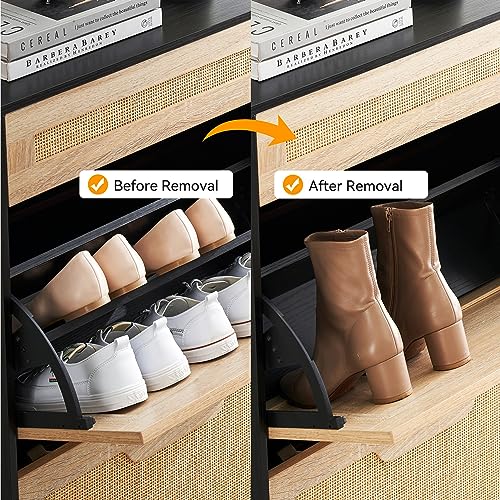 GAOMON Natural Rattan 2 Flip Door with 1 Drawer Shoe Rack Storage Cabinet, Shoe Cabinet Organizer Freestanding with 3-Tier Adjustable Shelves for Entryway, Entrance Hallway (2 Flip Doors, Black)