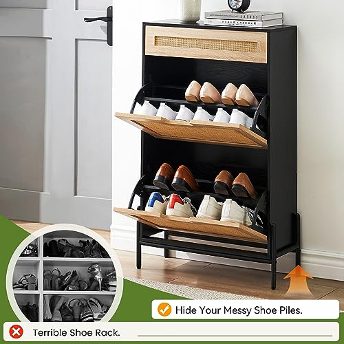GAOMON Natural Rattan 2 Flip Door with 1 Drawer Shoe Rack Storage Cabinet, Shoe Cabinet Organizer Freestanding with 3-Tier Adjustable Shelves for Entryway, Entrance Hallway (2 Flip Doors, Black)