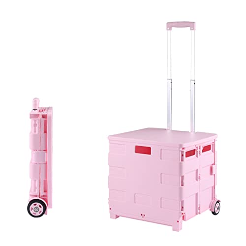 Box Trolley on Wheels, Foldable Portable Shopping Trolley, Collapsible On Wheels Folding Utility Cart Rolling Pull Cart with Telescopic Handle Storage Crate Used As A Seat (Color : Roze)