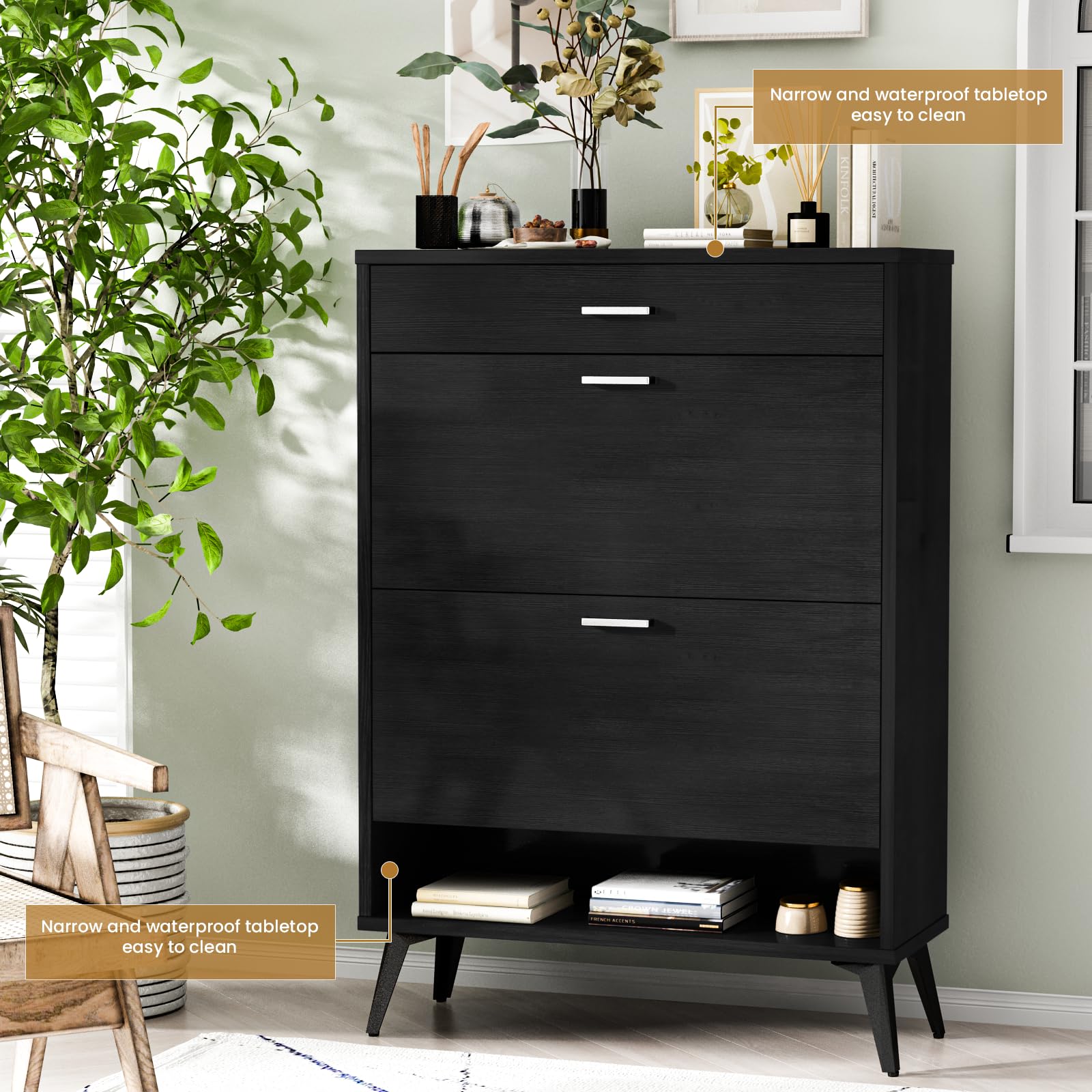 AWQM Shoe Cabinet, Modern Shoe Storage Cabinet with Hidden 2 Flip Drawers and Slide Drawer, Freestanding Slim Shoe Organizer Racks for Entryway, Hallway - Black